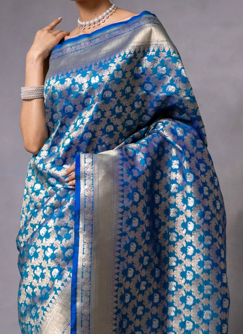 Buy Vibrant Blue Banarasi Silk Zari Saree Festive Wear Online at Best ...