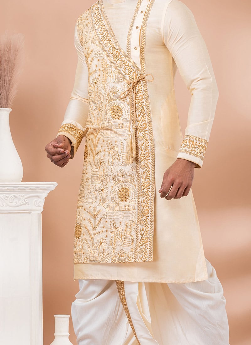 Buy Vibrant Cream Viscose Embroidered Kurta Paired With Dhoti Style ...