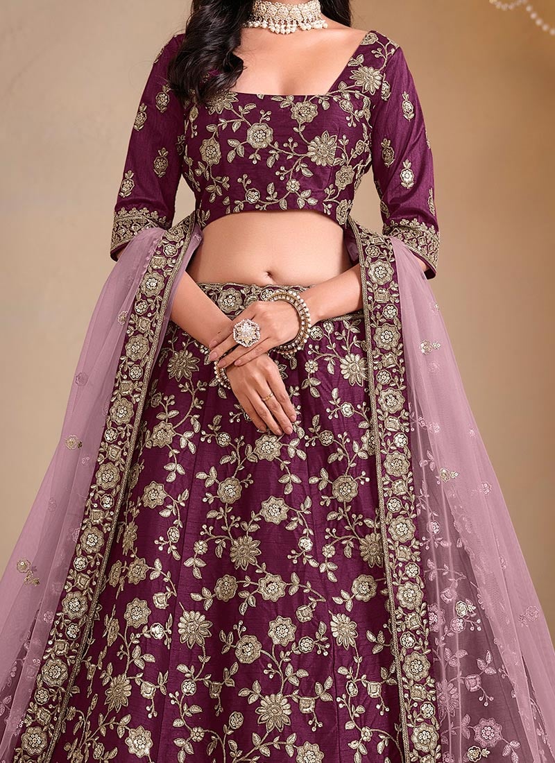 Buy Vibrant Purple Silk Lehenga With Sequins And Zari Embellishments ...