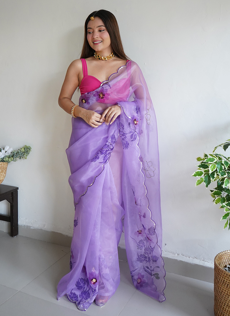 Buy Violet Organza Digital Print Saree Party Wear Online at Best Price ...