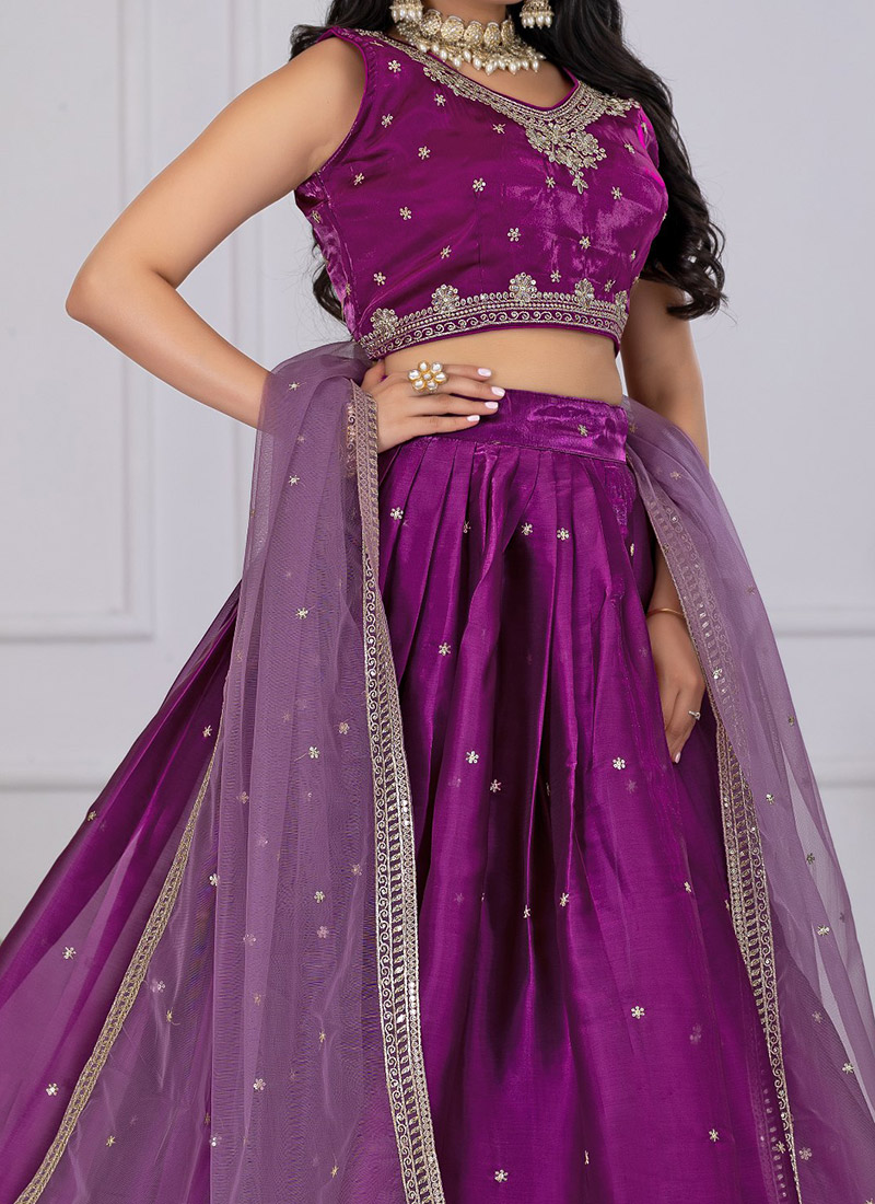 Shop Violet Organza Zari Embroidered Sequins Lehenga Festive Wear ...