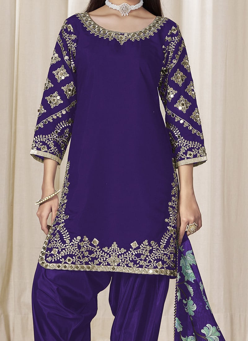 Shop Violet Roman Silk Zari Embroidered Mirror Work Salwar Suit Festive ...