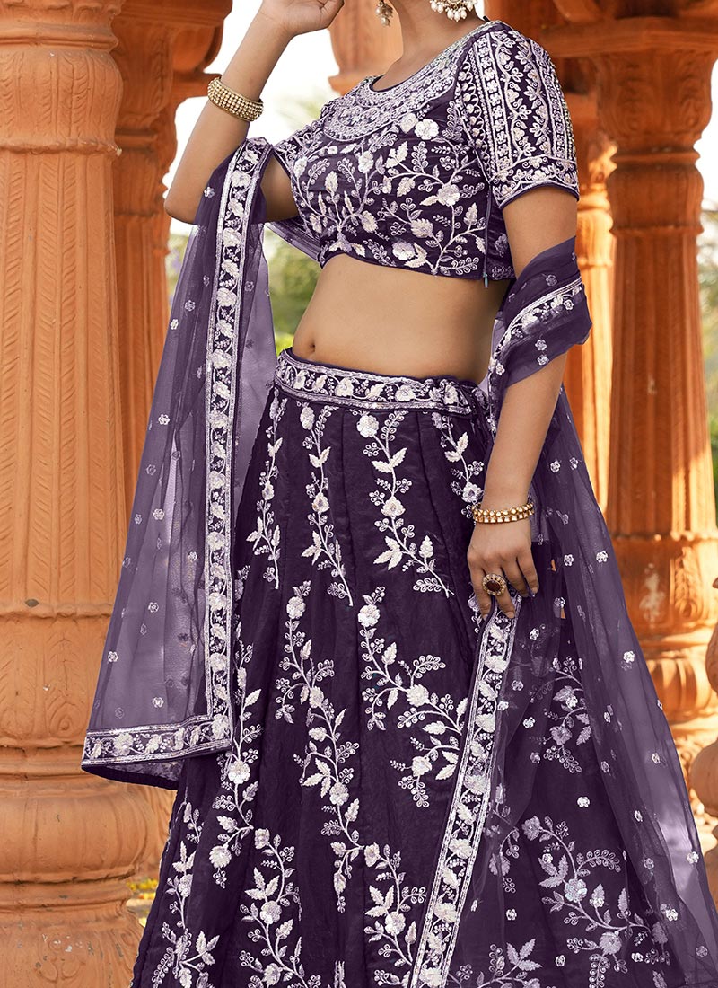 Buy Violet Shimmer Silk Zari Embroidered Sequins With Stone Work ...