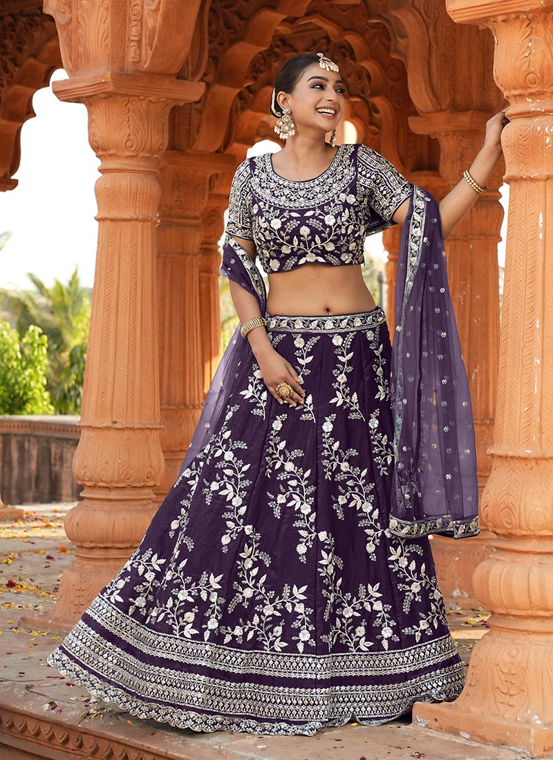 Buy Violet Shimmer Silk Zari Embroidered Sequins With Stone Work ...