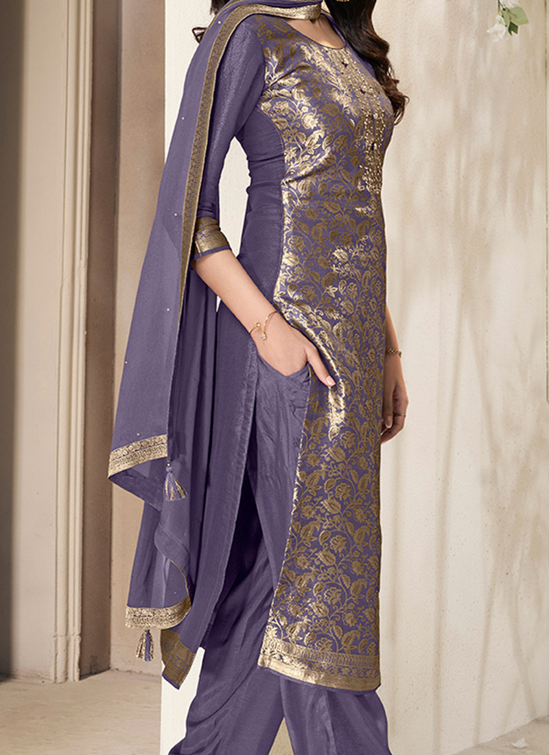 Shop Violet Tissue Silk Jacquard Woven Straight Pant Suit Festive Wear ...