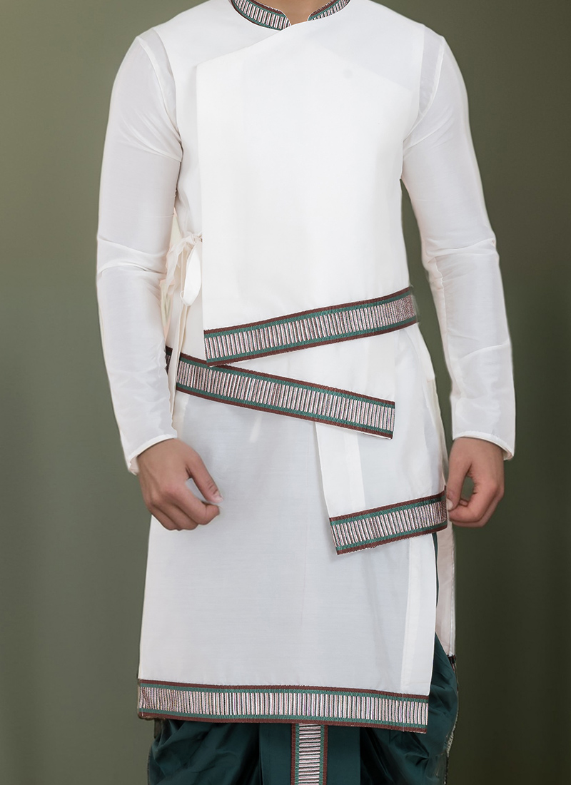 Shop White Banarasi Dhupion Silk Dhoti Style Kurta Pyjama For Men ...