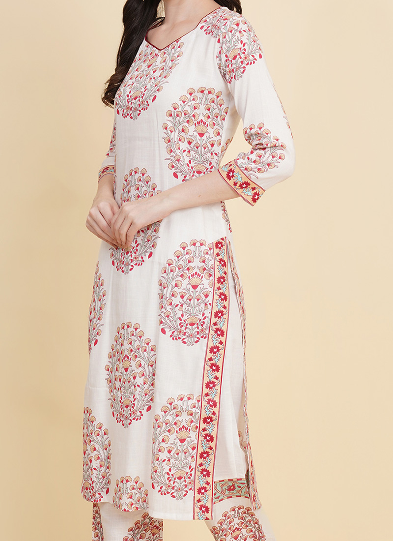 Buy White Block Print Cotton Straight Pant Suit After Six Wear Online ...