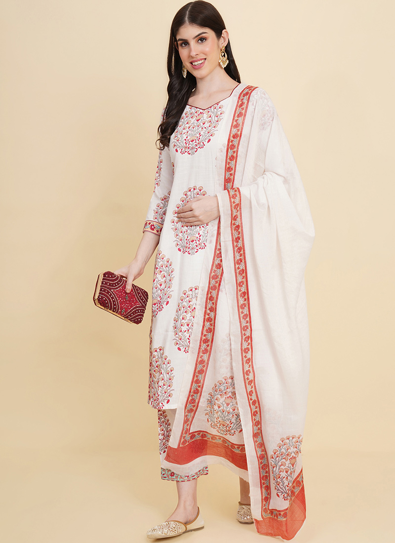 Buy White Block Print Cotton Straight Pant Suit After Six Wear Online ...