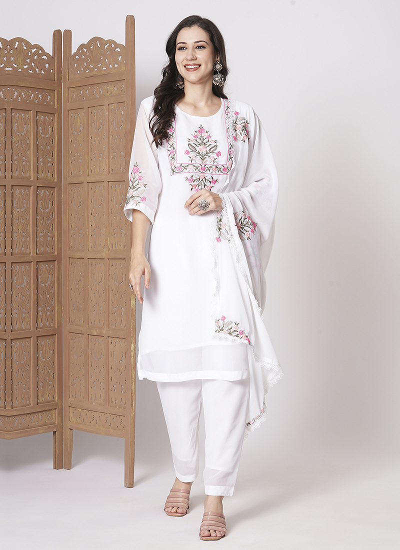 Shop White Faux Georgette Embroidered Straight Pant Suit After Six Wear ...