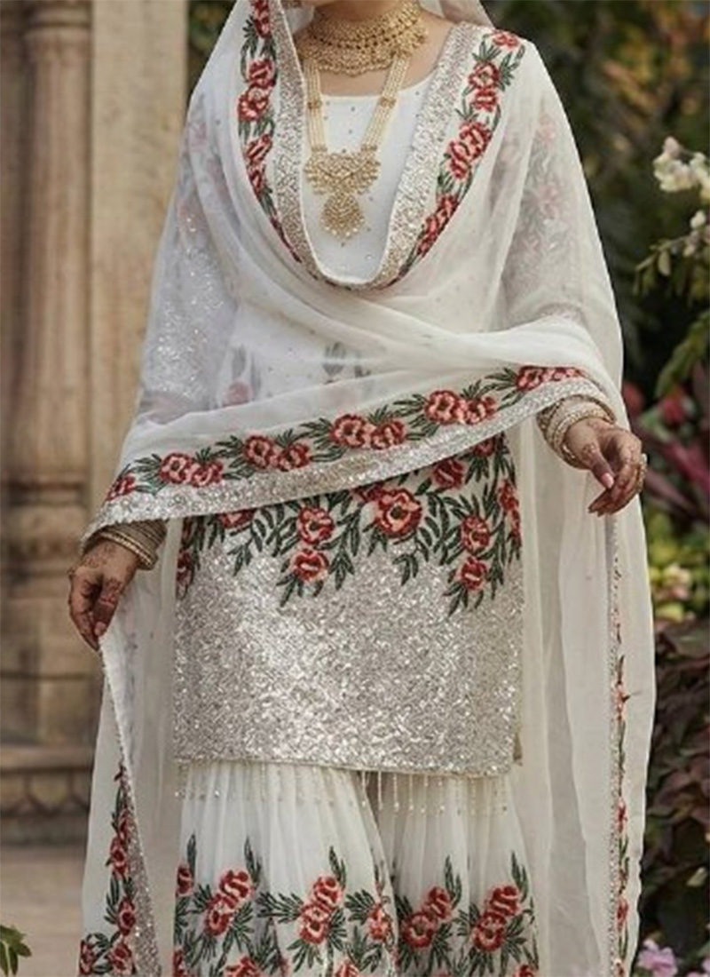 Shop White Fendy Silk Sequins Embroidered Sharara Suit Set Festive Wear ...