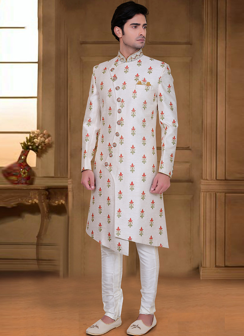 Shop White Heavy Silk Indowestern Sherwani Wedding Wear Online at Best Price | Cbazaar