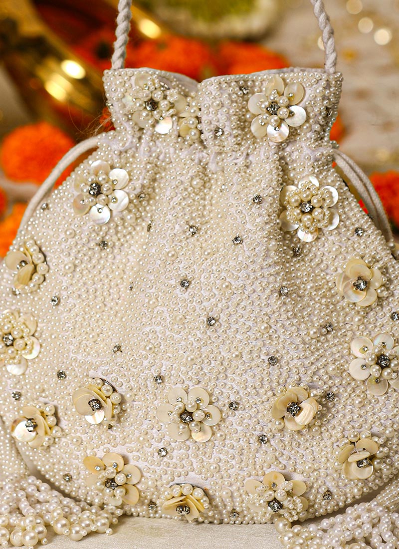 Buy White Leather Beads Moti Stone Work Potli Wedding Wear Online at ...