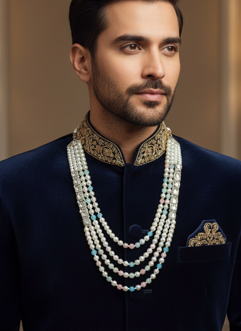 Shop White Moti Kundan And Moti With Stone Men Necklace in India - Cbazaar