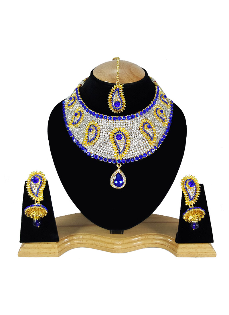 Shop White N Royal Blue Zircon Stone Choker Necklace Set Online at Best ...