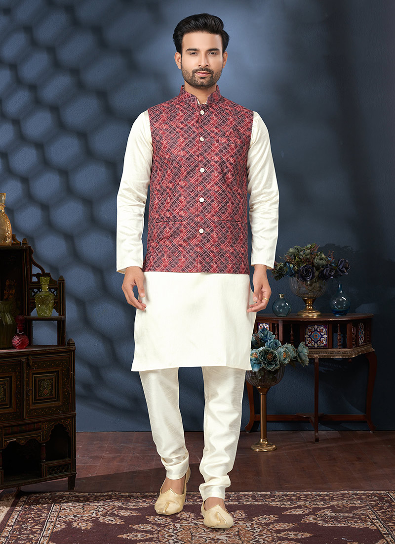 Shop White Printed Silk Bandi Set Festive Wear Online at Best Price ...