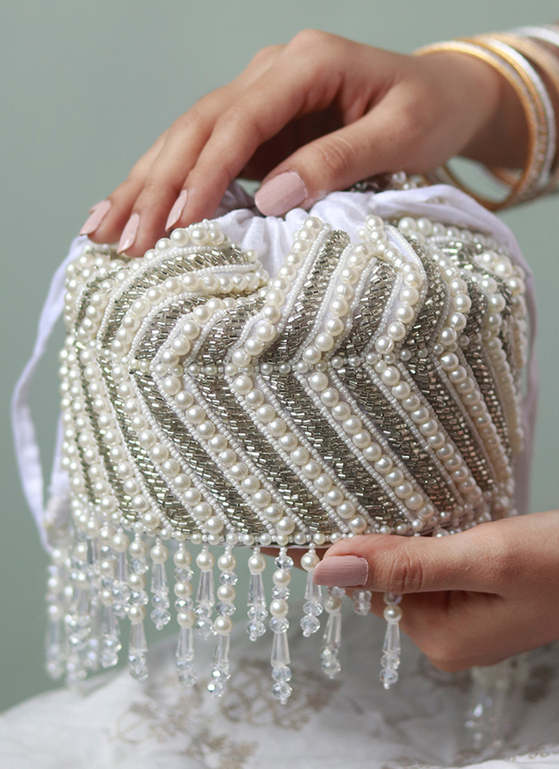 Shop White Silk Cut Dana Potli Embossed With Beads And Moti Party Wear ...