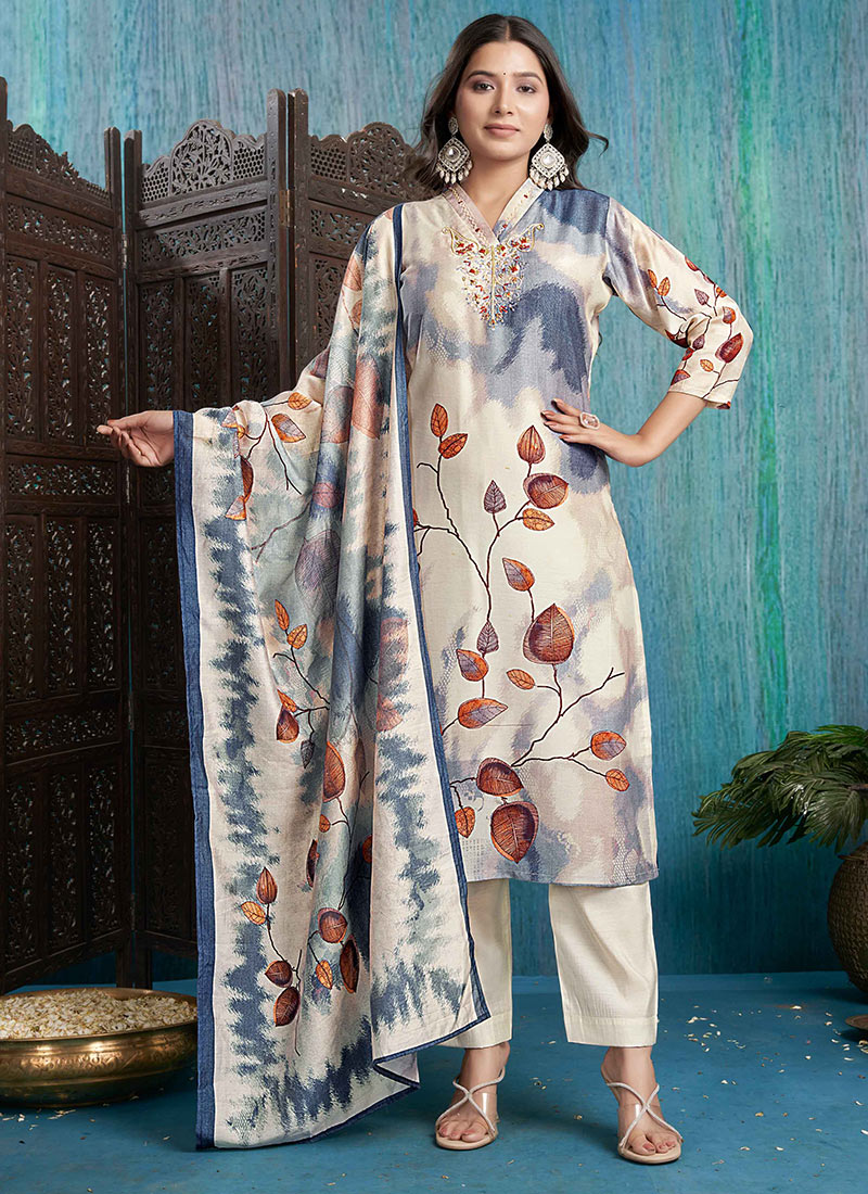 Shop White Silk Digital Printed Hand Work Straight Pant Suit After Six ...