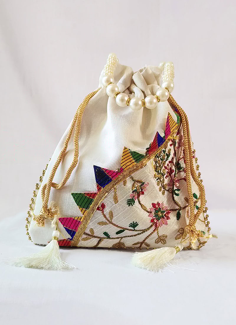 Buy White Silk Embroidered Thread Potli Festive Wear Online at Best ...