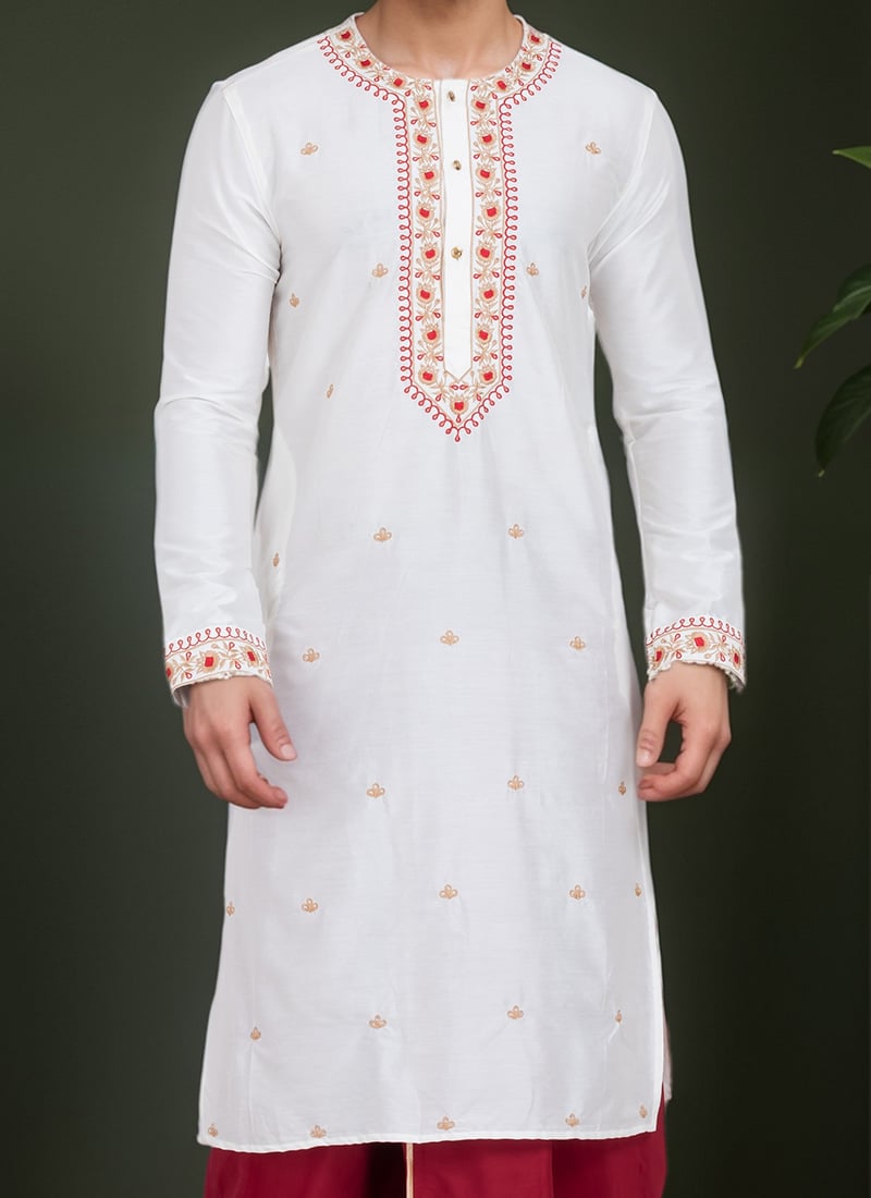 Buy White Viscose Embroidered Dhoti Style Kurta Pyjama For Men Festive ...