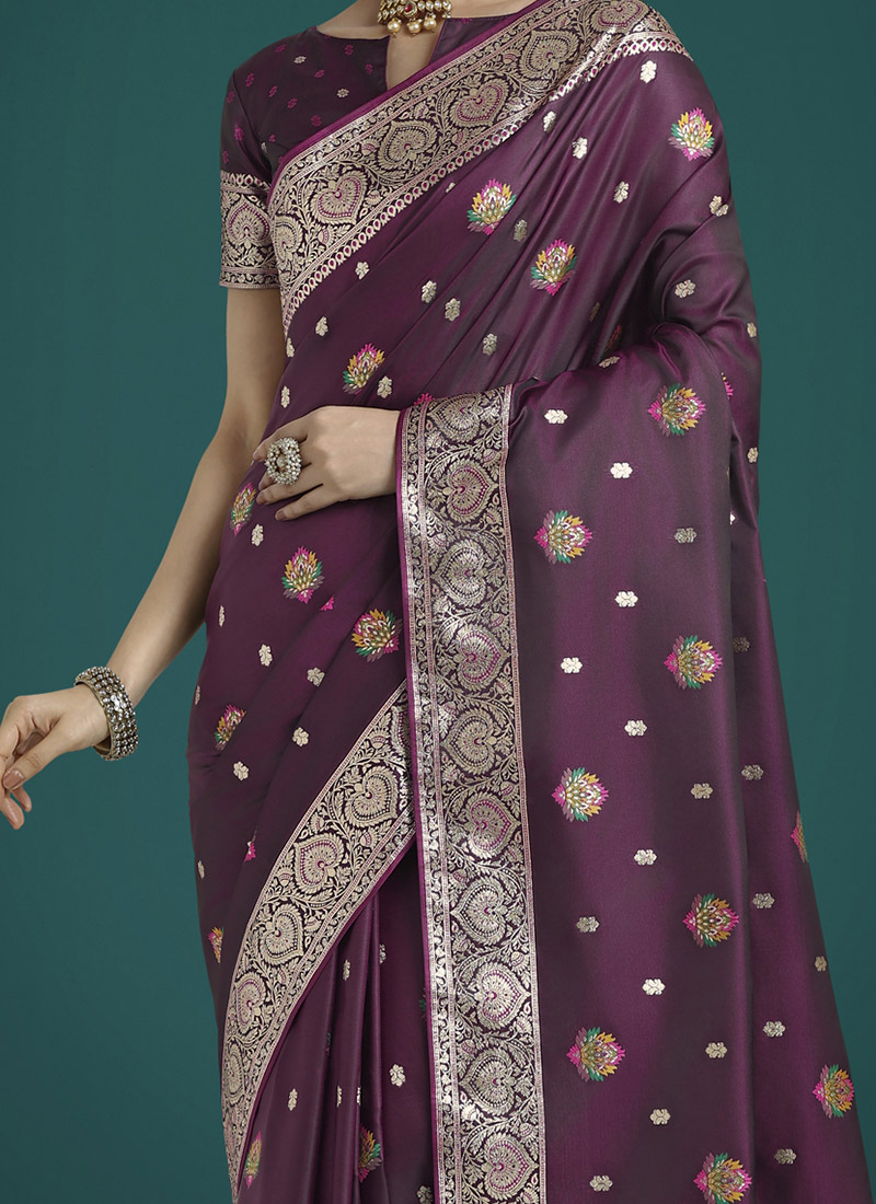 Shop Wine Banarasi Silk Zari Woven Saree Festive Wear in UK - Cbazaar