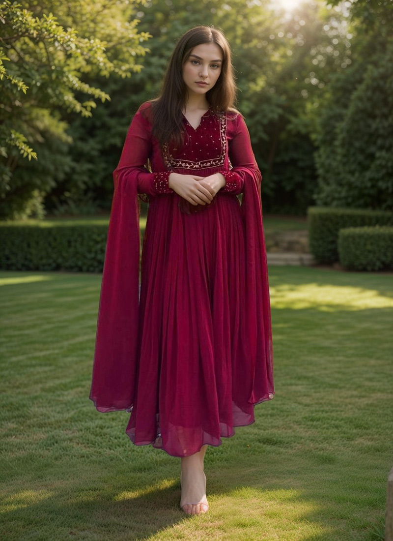 Buy Wine Faux Georgette Cut Dana And Beads Hand Embroidered Anarkali ...