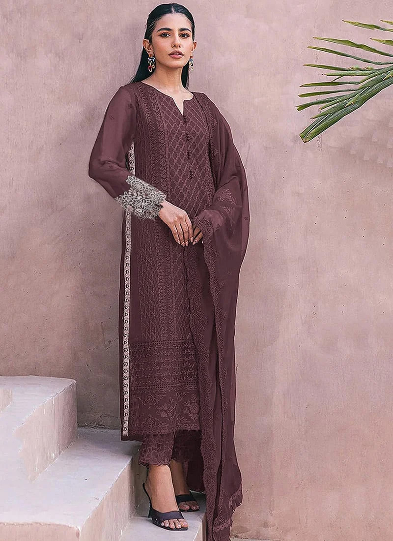 Shop Wine Faux Georgette Diwali Pakistani Suit Embossed With Embroidery ...