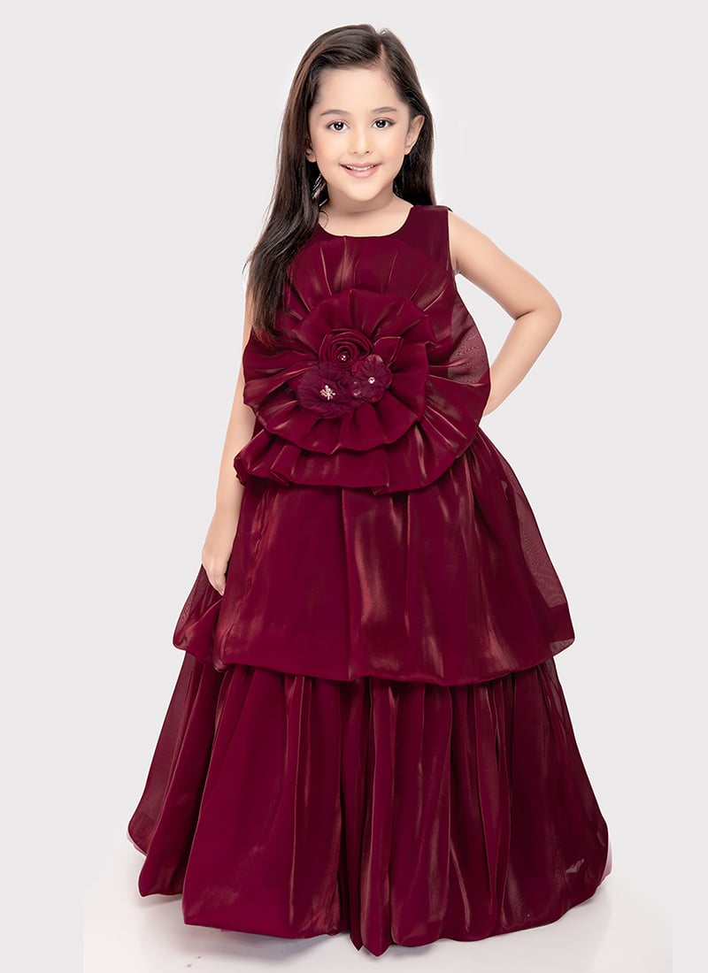 Buy Kids Girls Wine Faux Georgette Kids Girls Dresses And Gown Party ...