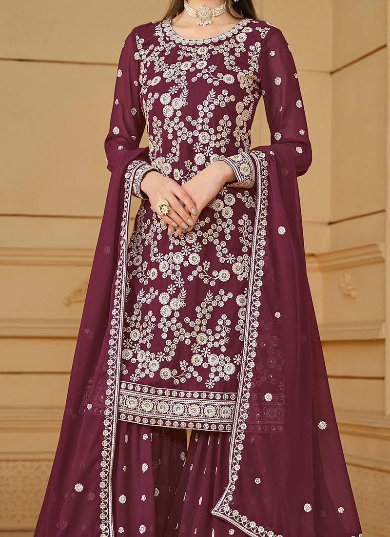 Buy Wine Faux Georgette Sequins Embroidered Pakistani Sharara Suit ...