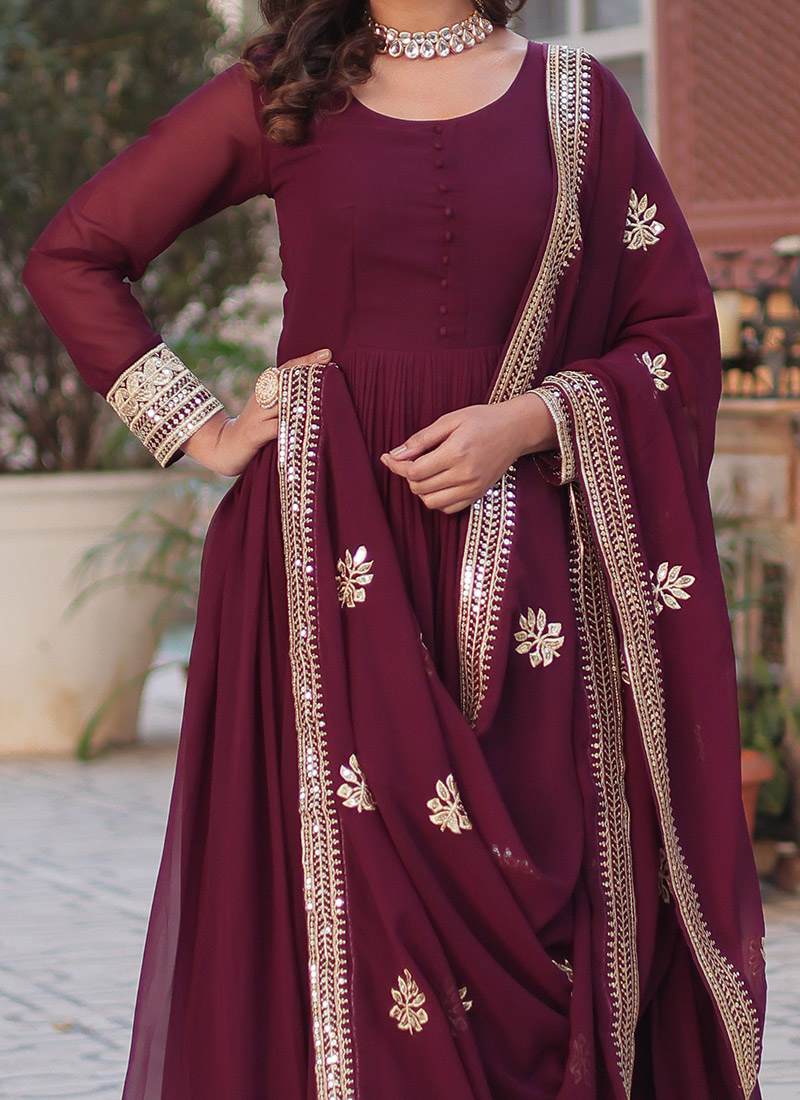 Shop Wine Faux Georgette Zari Embroidered Sequins A Line Anarkali Suit ...
