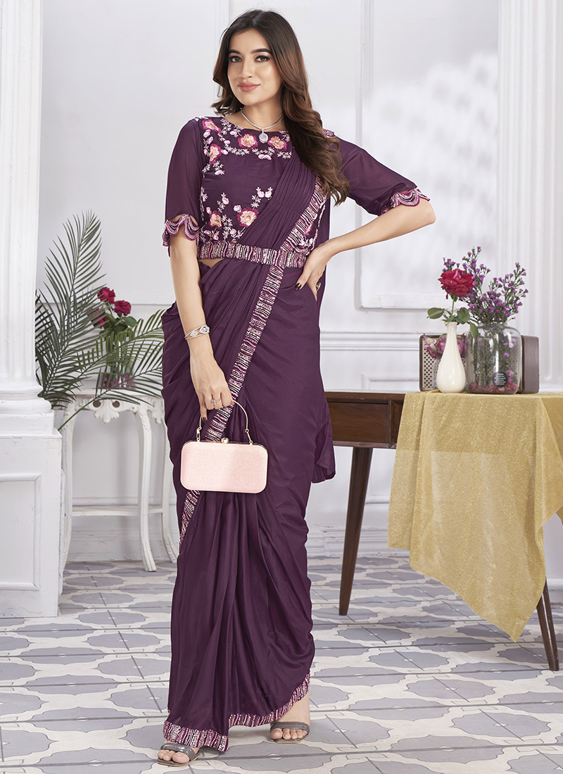 Shop Wine Georgette Embroidered Sequins Cut Dana Work Pre Draped Beautiful Saree Party Wear ...