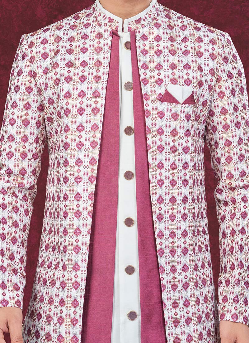 Shop Wine Jacqard Banarasi Silk Digital Print Thread Work Indowestern ...