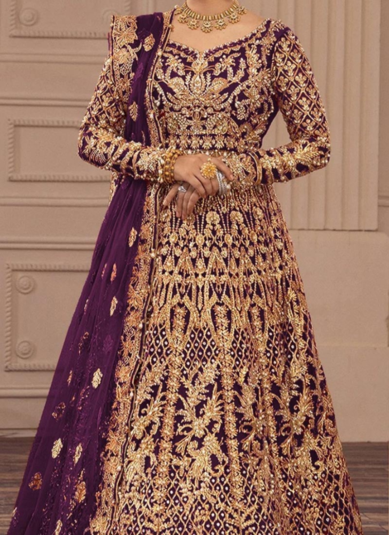 Shop Wine Net Zari Embroidered Sequins With Stone Anarkali Suit Wedding ...