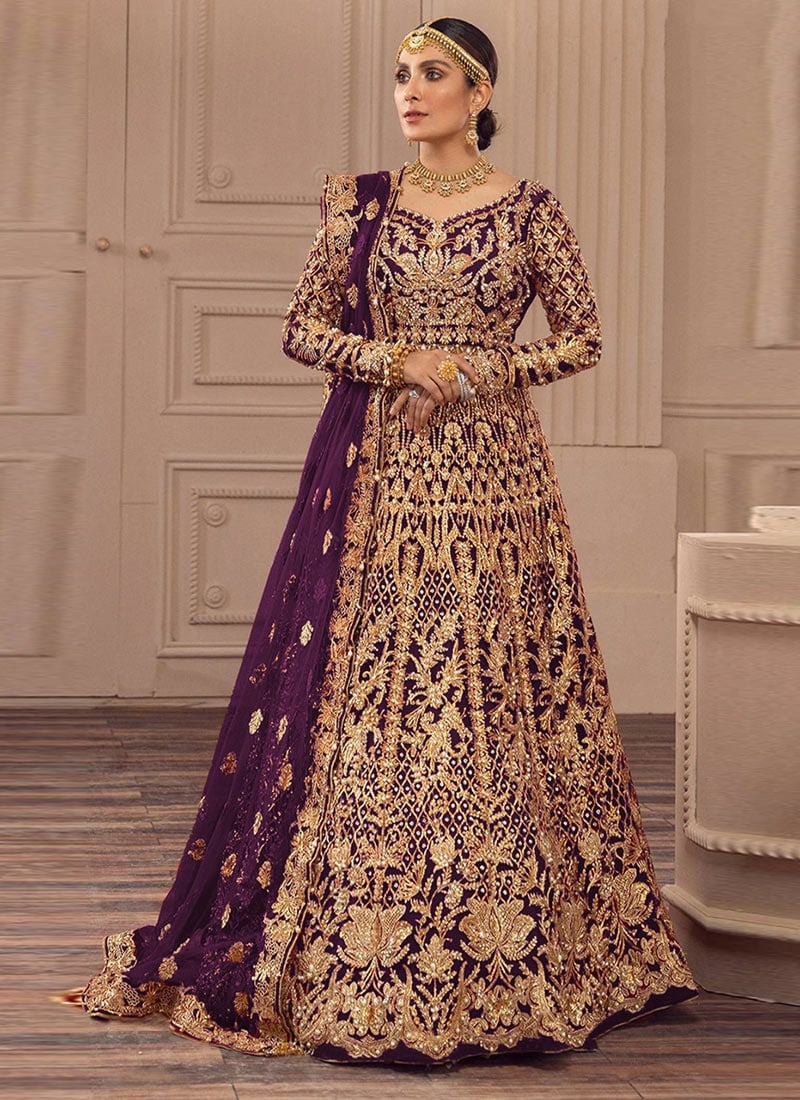 Shop Wine Net Zari Embroidered Sequins With Stone Anarkali Suit Wedding ...