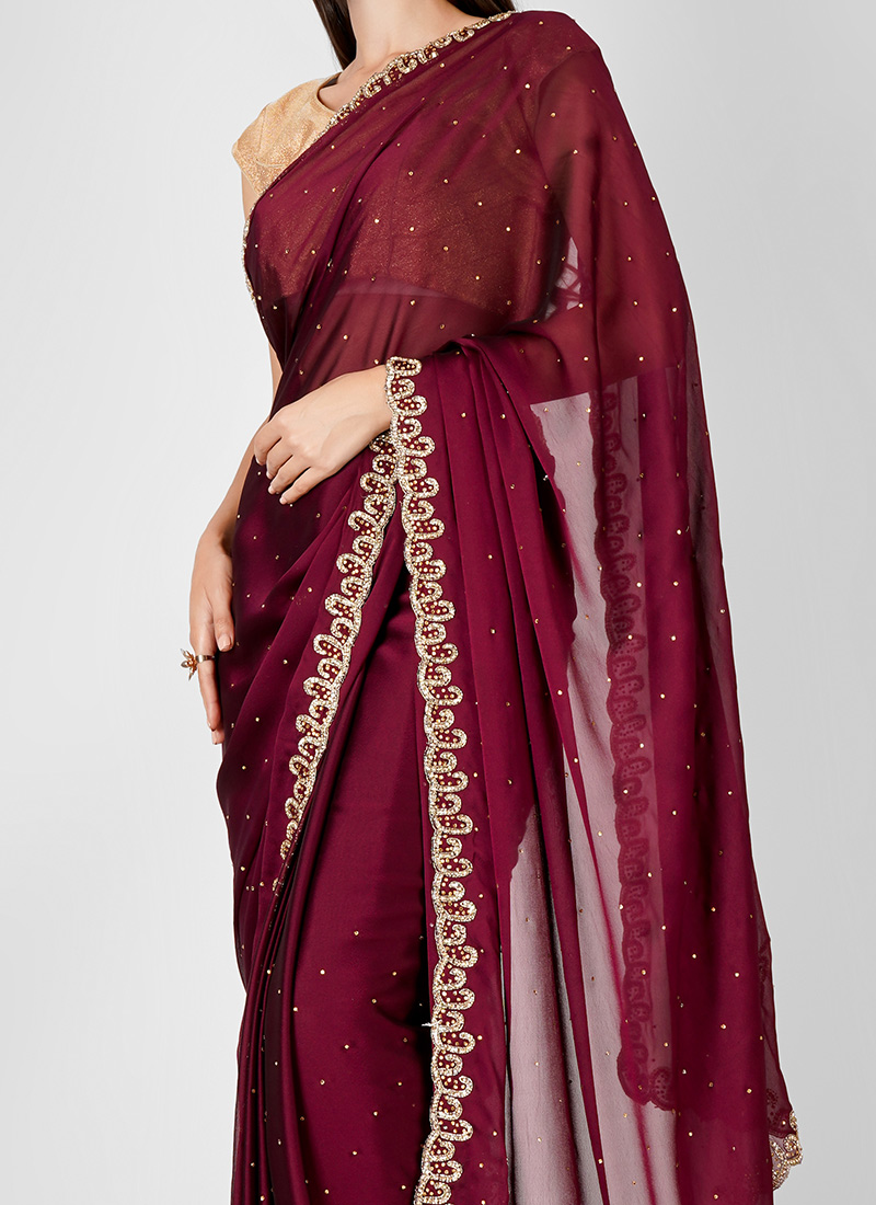 Hand Embroidered Sarees | Zardosi Sarees | Zari Stone work sarees