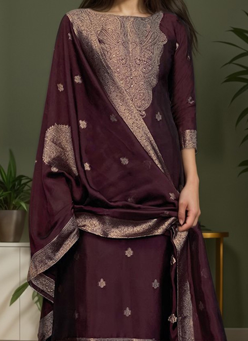 Buy Wine Silk Jacquard Woven Straight Pant Suit Festive Wear Online at ...