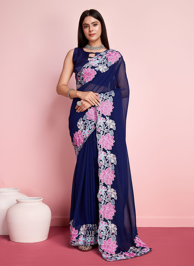 Trendy Blue Colour Sarees Design Online In India