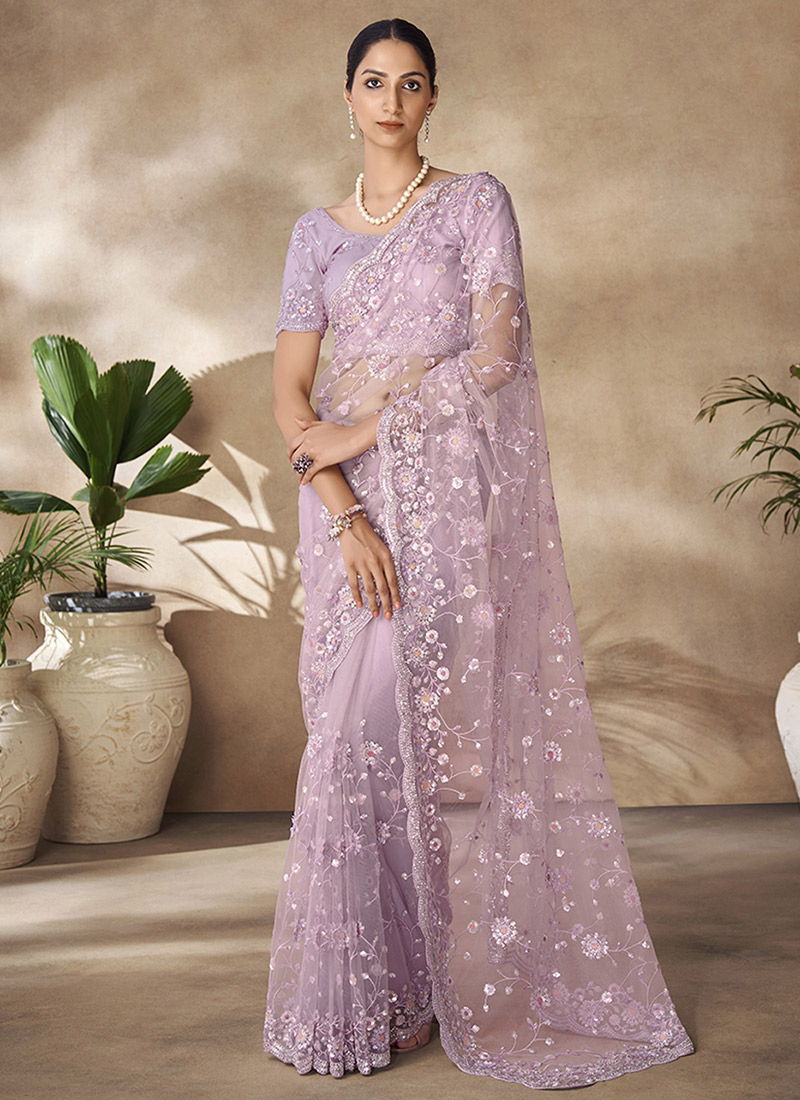 Buy Women Lavender Net Thread Zarkan Work Sequins Saree With Matching ...