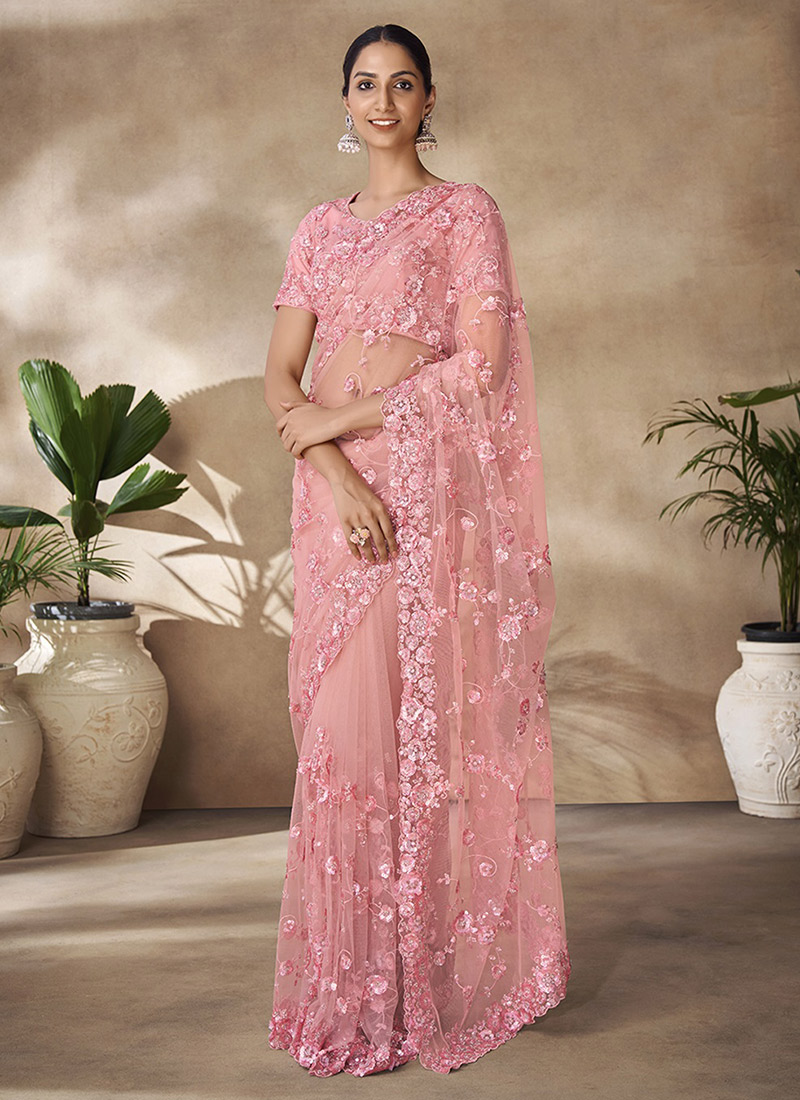 Shop Women Pink Net Thread Zarkan Work Sequins Saree With Matching ...