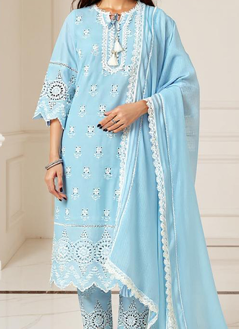 Buy Womens Sky Blue Cotton Embroidered Cut Work Straight Pant Set With ...