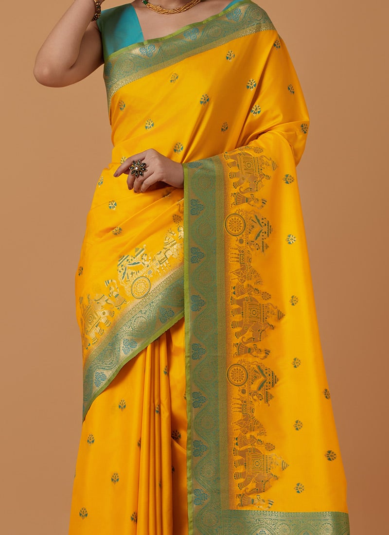 Buy Yellow Banarasi Silk Zari Woven Saree Festive Wear Online at Best ...