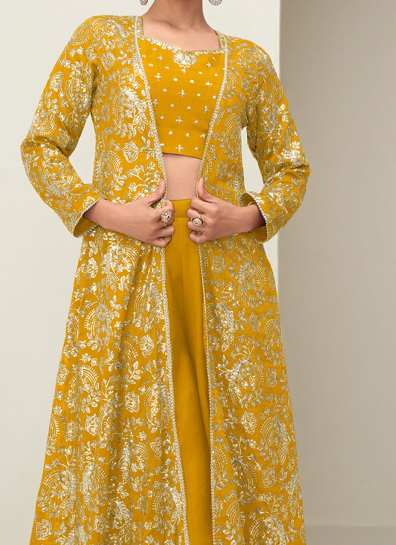 Shop Yellow Chinon Silk Zari Embroidered Sequins Indowestern Jacket ...