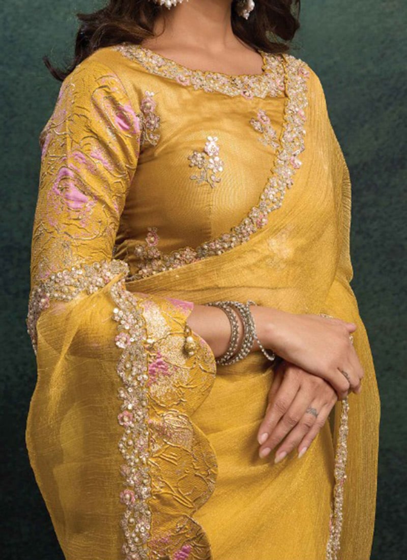 Buy Yellow Crush Organza Silk Sequins Moti Stones Hand Embroidered ...