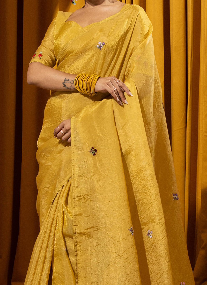 Shop Yellow Crush Silk Thread Saree Festive Wear in UK - Cbazaar