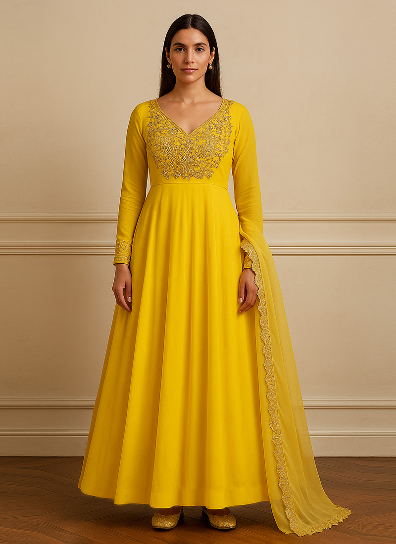 Shop Yellow Georgette Zari Zardosi Hand Work Anarkali Suit Festive Wear Online at Best Price ...