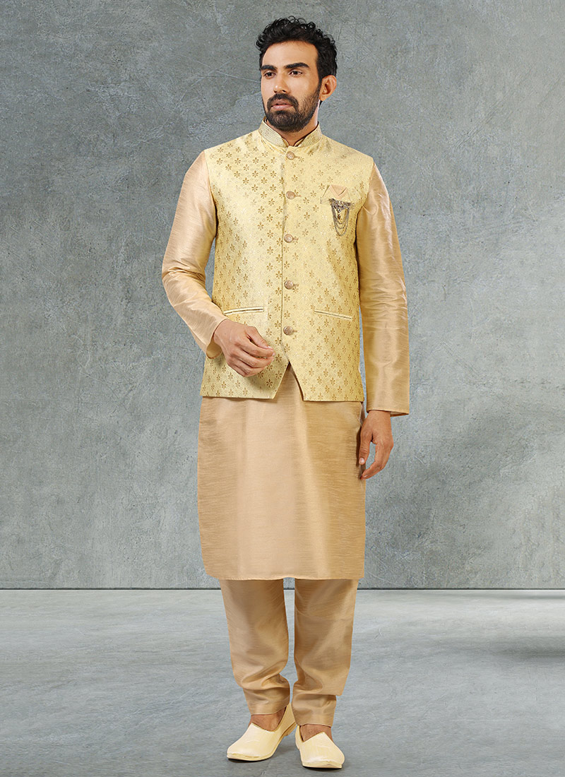 Shop Yellow Jacquard Benarasi Silk Bandi Set Party Wear Online at Best ...