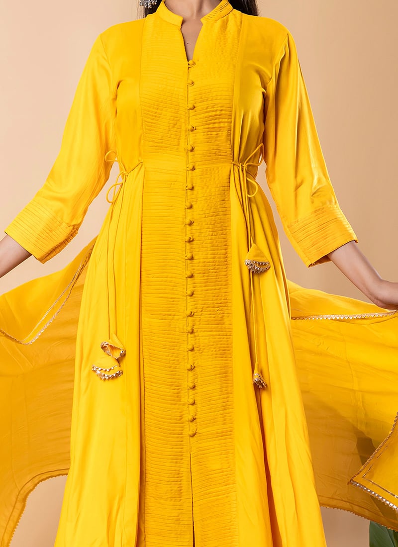 Shop Yellow Rayon Gota Lace Work Anarkali Suit After Six Wear Online at ...