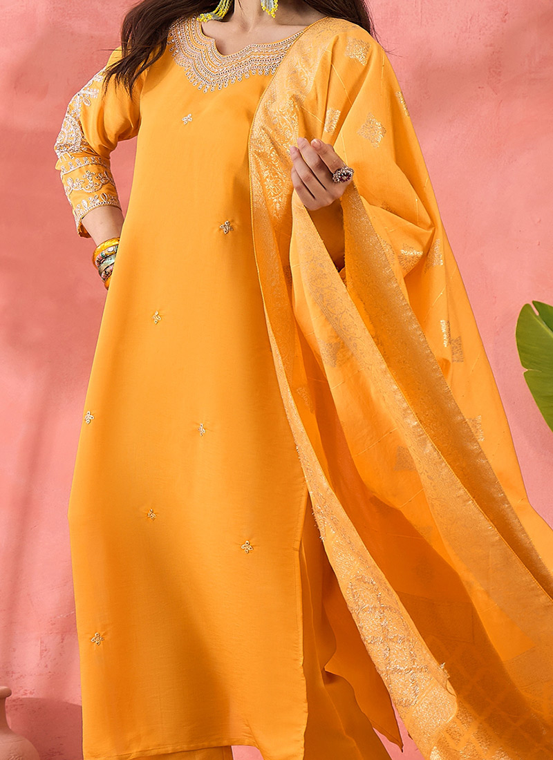Buy Yellow Roman Silk Embroidered Straight Pant Suit With Jacquard ...