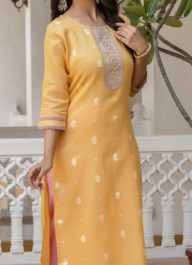 Shop Yellow Shimmer Silk Embroidered Long Kurti After Six Wear Online ...
