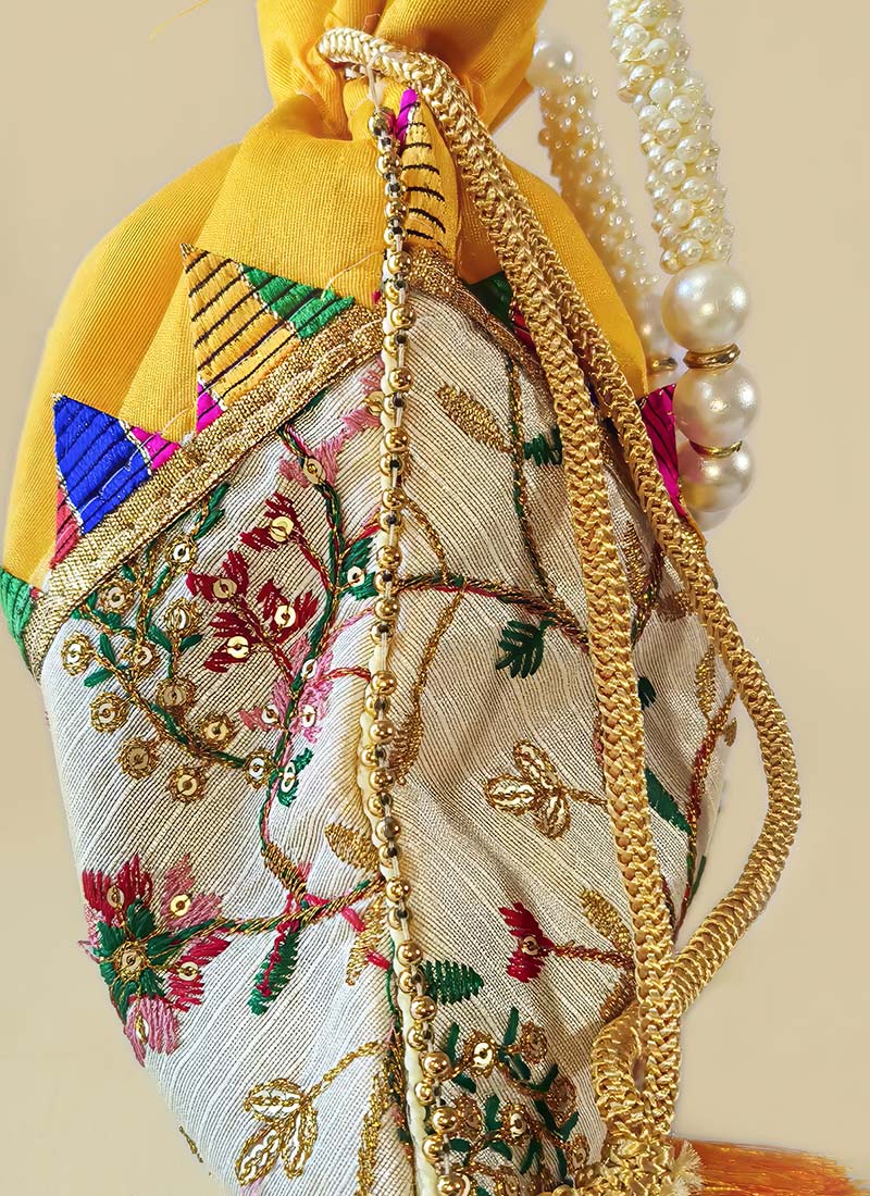 Shop Yellow Silk Embroidered Thread Potli Festive Wear Online at Best ...