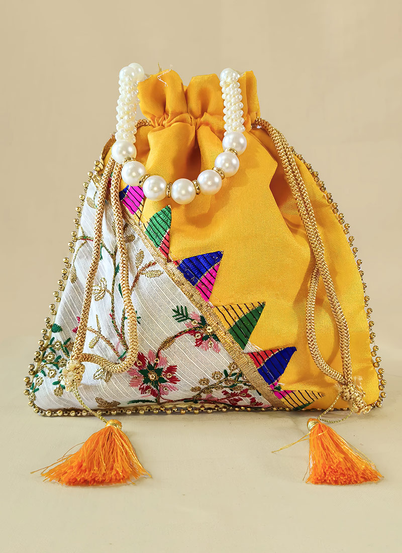 Shop Yellow Silk Embroidered Thread Potli Festive Wear Online at Best ...